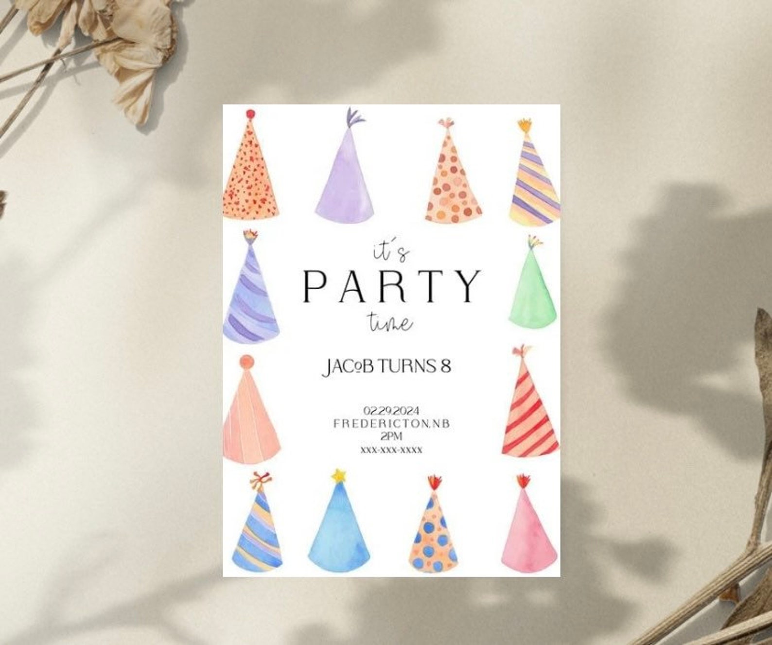 Party Hat Digital Birthday Invitation, Birthday Party Editable and ...
