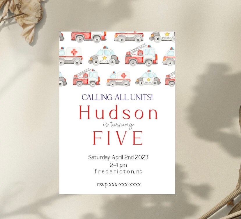 Emergency Vehicle Invitation, Police Car Party Invite, Firetruck Party ...