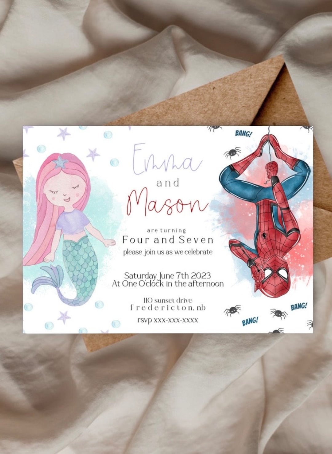 Spiderman and Mermaid Theme Sibling Invitation, Twin Boy Girl Invite ...