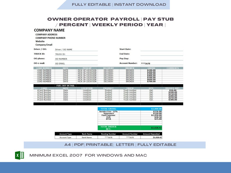Owner Operator Pay Roll Earning Statement Template Pay Slip Creator for Truck Driver Mile Excel ...