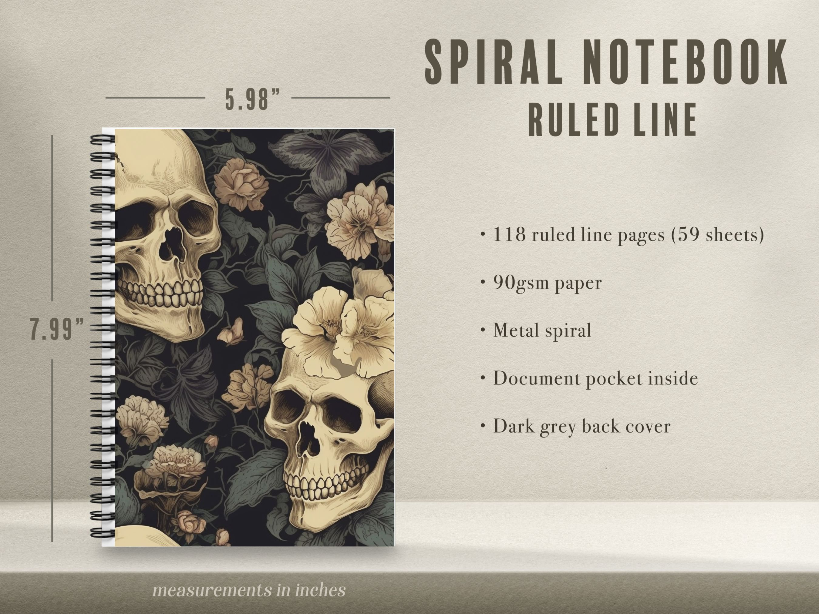 Skull and Flower Spiral Notebook Skulls and Flowers Gothic Notebook ...