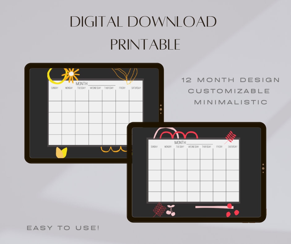 Undated Monthly Calendar, Digital Download or Printable - Etsy