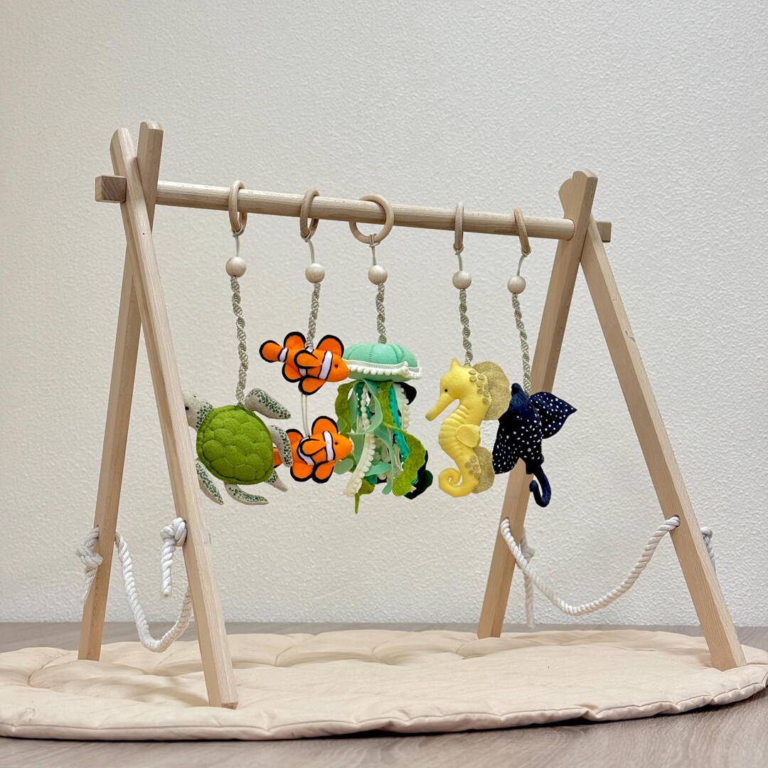 Baby Gym Set, Wooden Activity Center With Hanging Bar & Sensory Toys ...