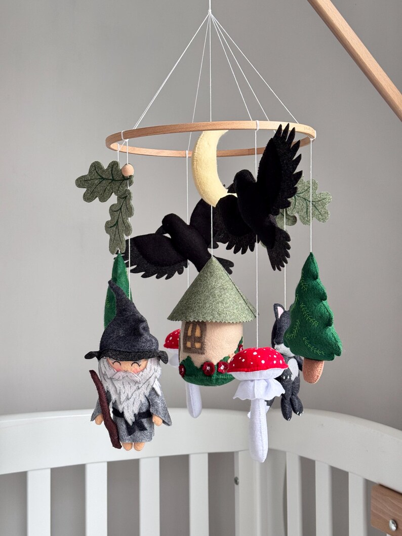 Forest Baby Mobile With Crow and Mushrooms, Felt Crib Mobile, Woodland ...