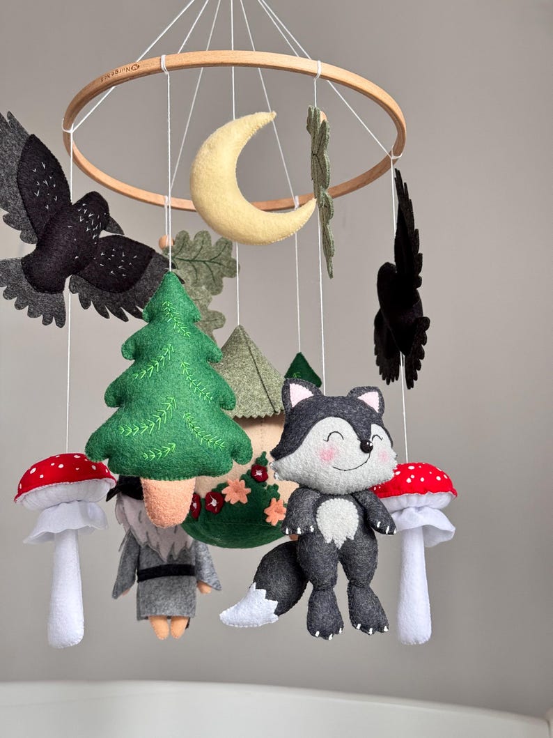 Forest Baby Mobile With Crow and Mushrooms, Felt Crib Mobile, Woodland ...