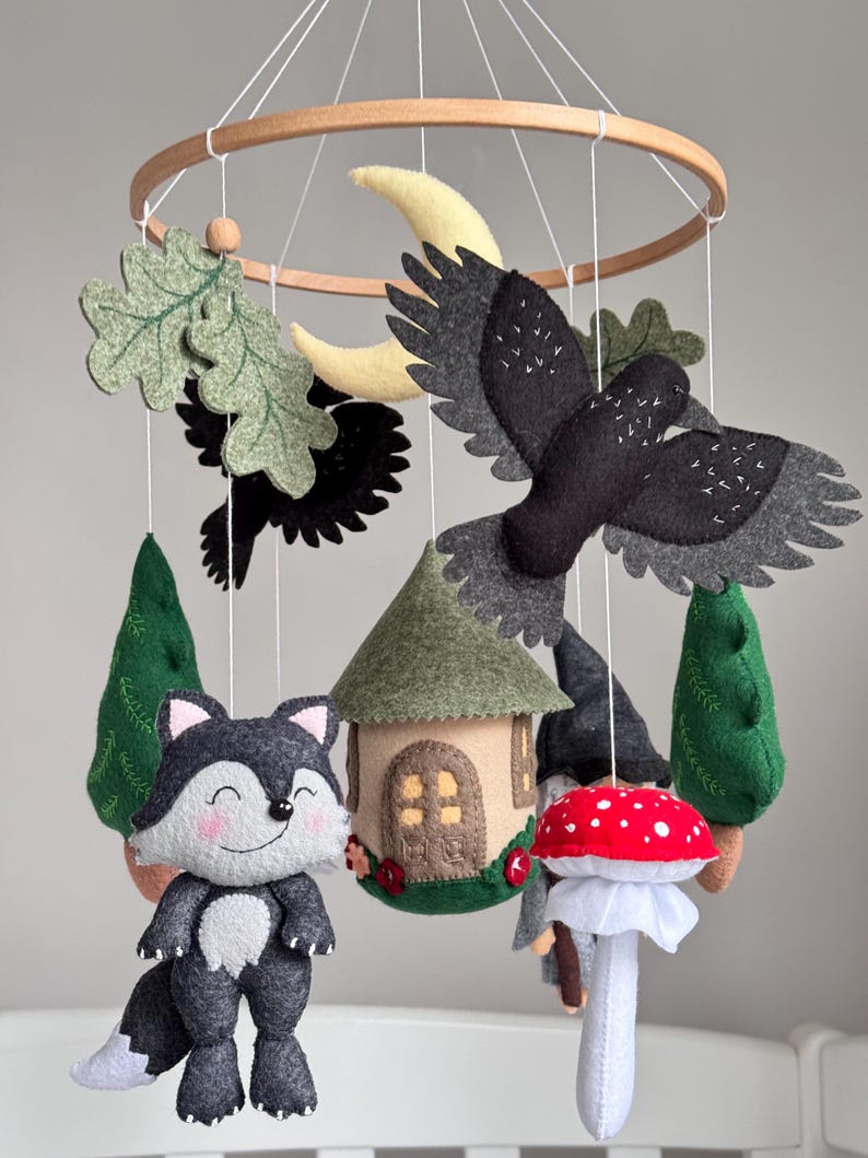 Forest Baby Mobile With Crow and Mushrooms, Felt Crib Mobile, Woodland ...