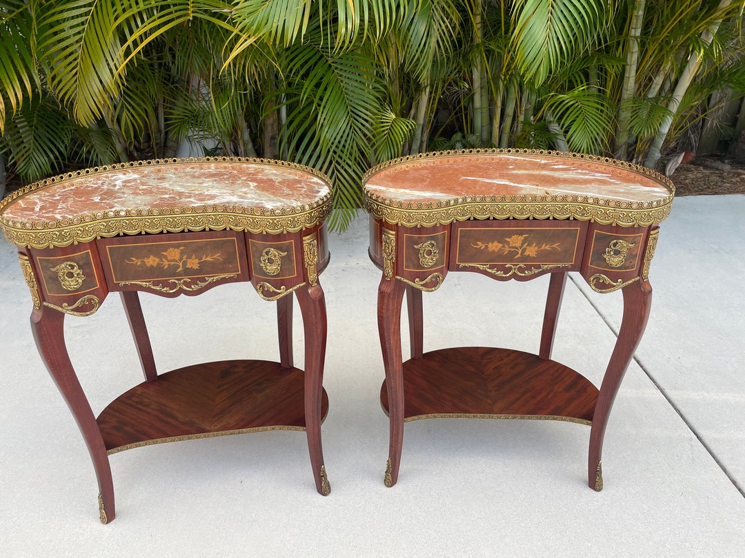 Spain Kidney Side Tables With Marble Top Marquetry and Bronze Gold ...