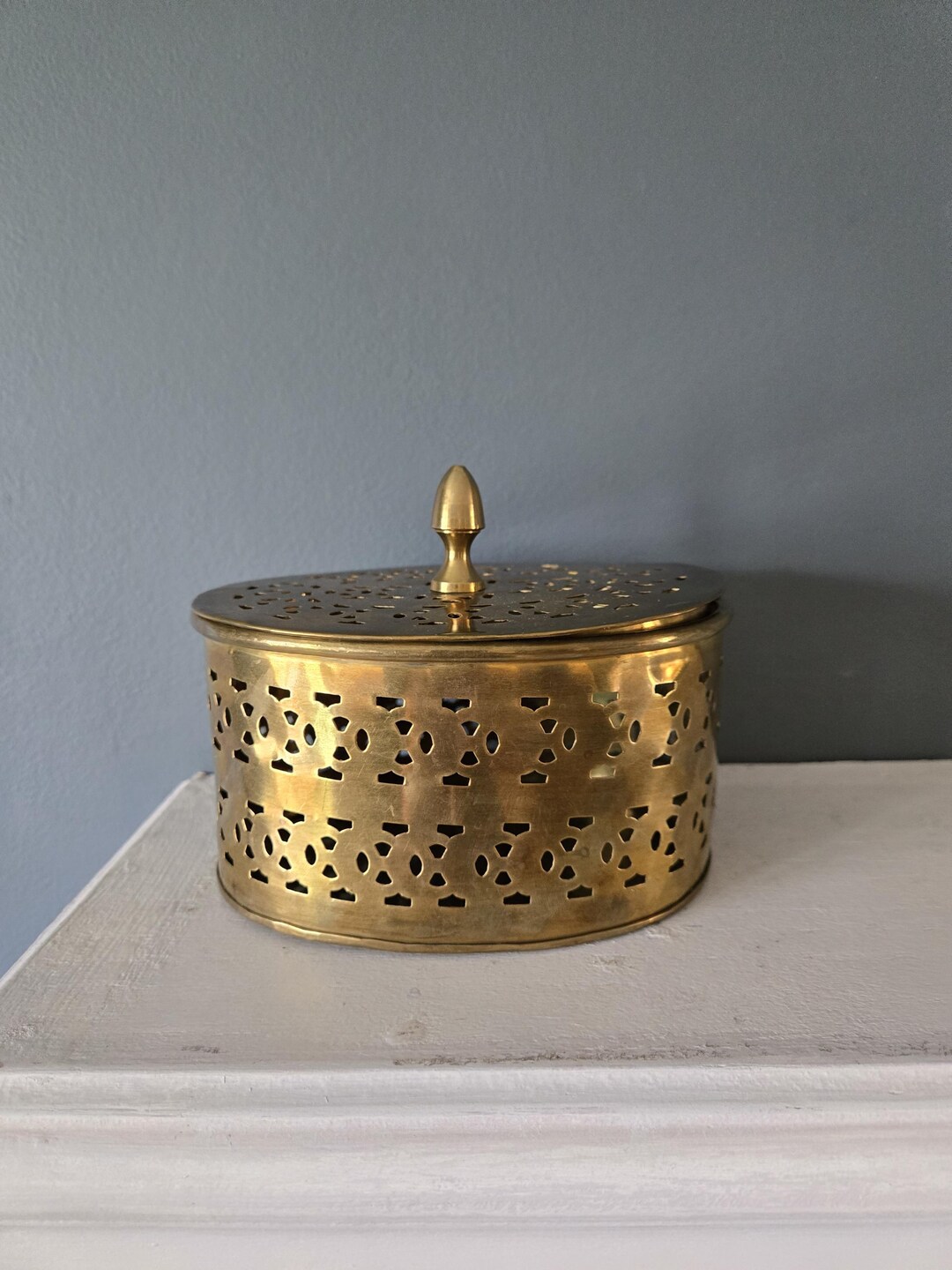 Reticulated Brass Lidded Box Vintage Perforated Canister or Trinket Box ...