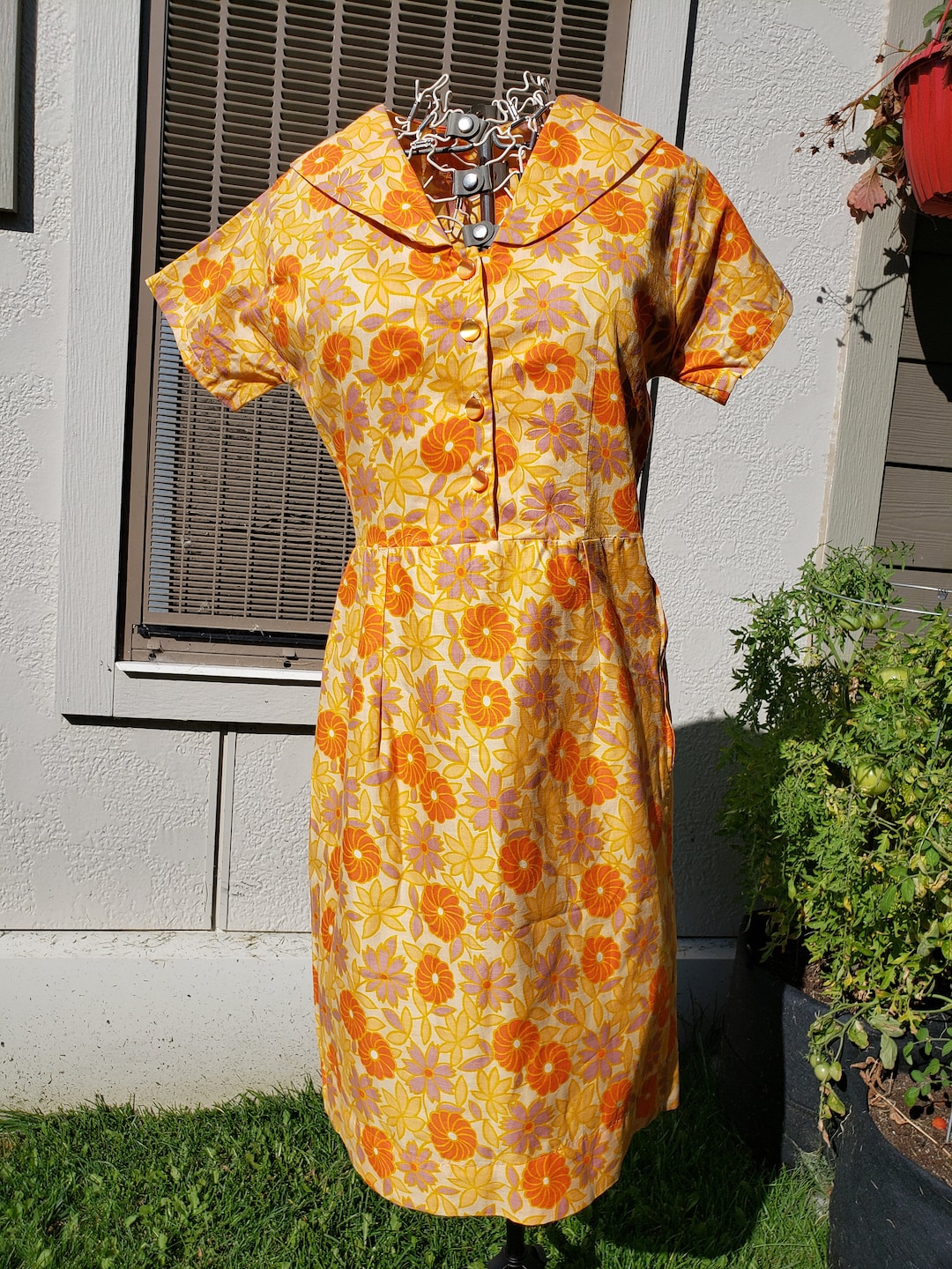 Vintage Flower Power Dress Handmade 1950s/60s Bright Orange Flower ...