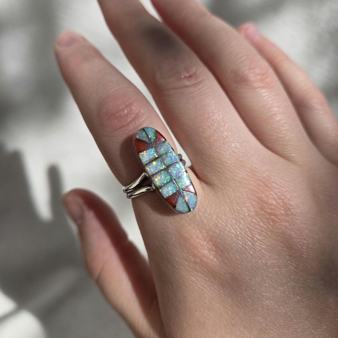 Opal & Coral Zuni Style Large Statement Ring Geometric Oval Shield ...