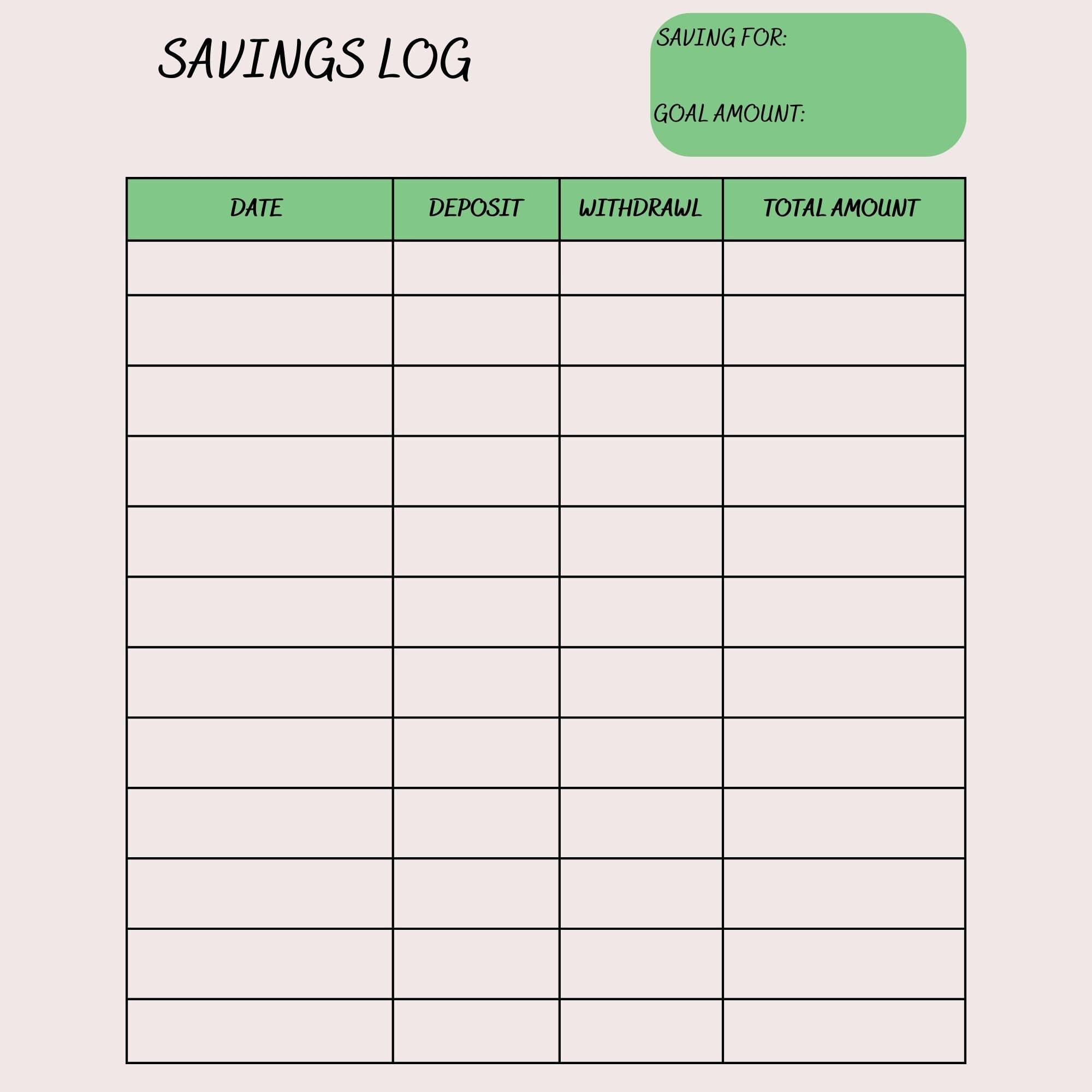 Simplistic Printable Savings Log, Easy to Use, Green Accents, Printable ...