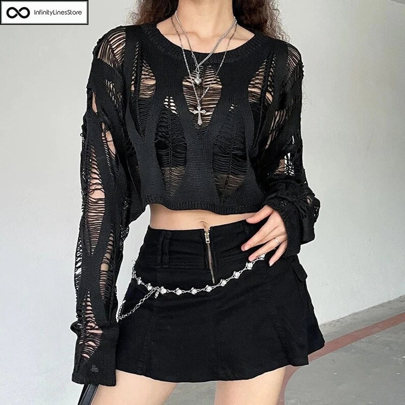 Ripped Vintage Crop Top Y2K Hollow Out Sweater Crochet Smock - Etsy