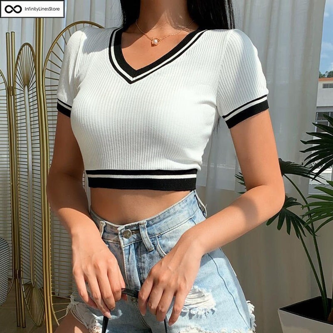 Y2k Vintage Crop Top V Neck Crop Top Striped Grunge T Shirt Etsy