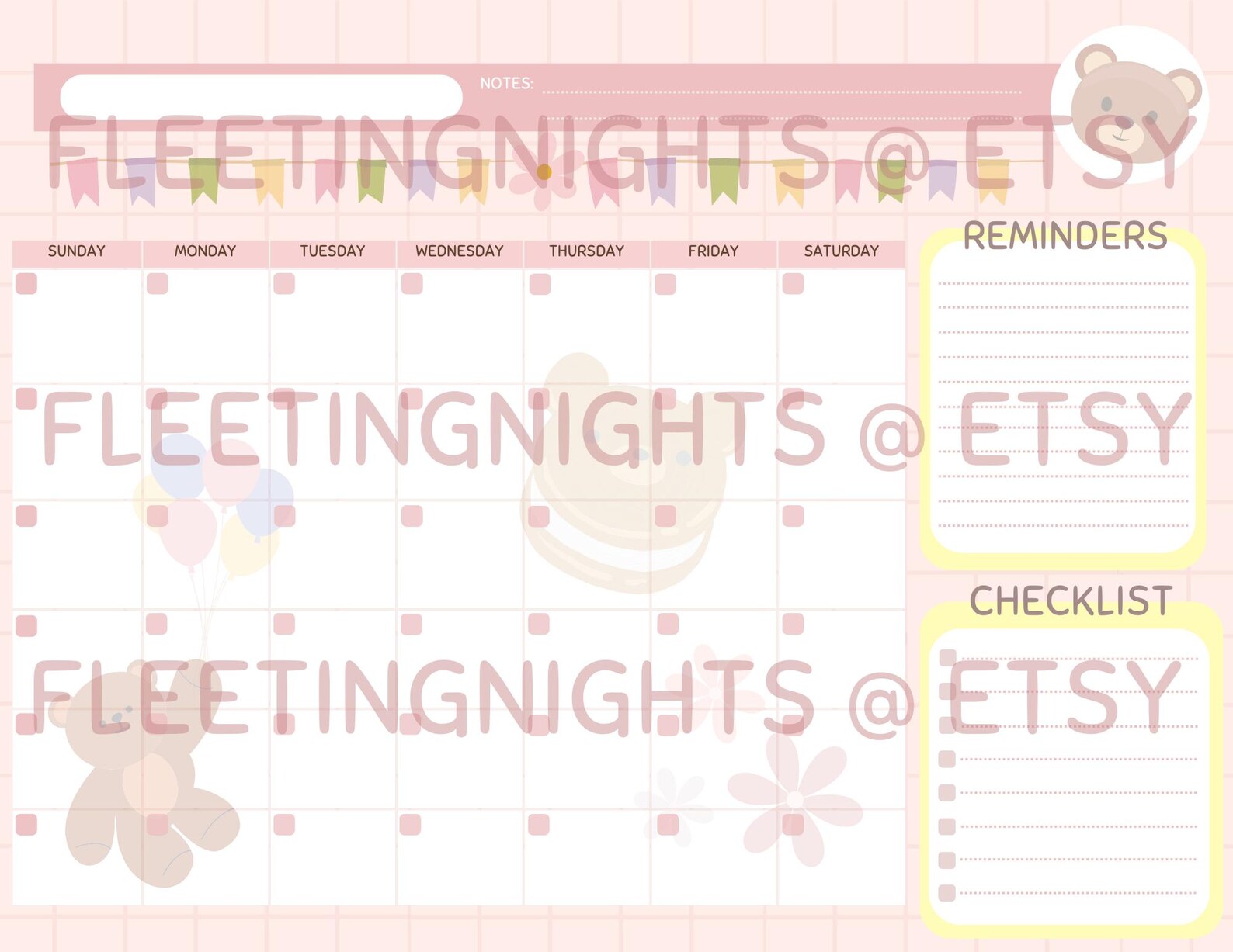 Printable Blank Calendar Teddy Bear & Coquette Theme Multiple Designs ...