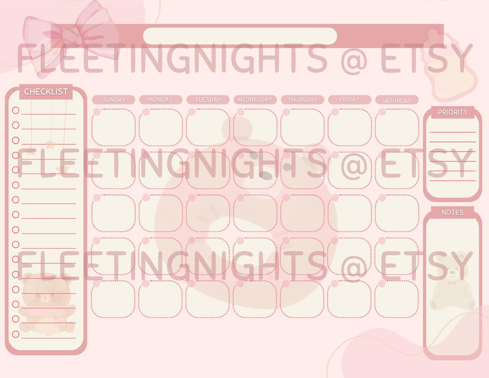 Printable Blank Calendar Teddy Bear & Coquette Theme Multiple Designs ...