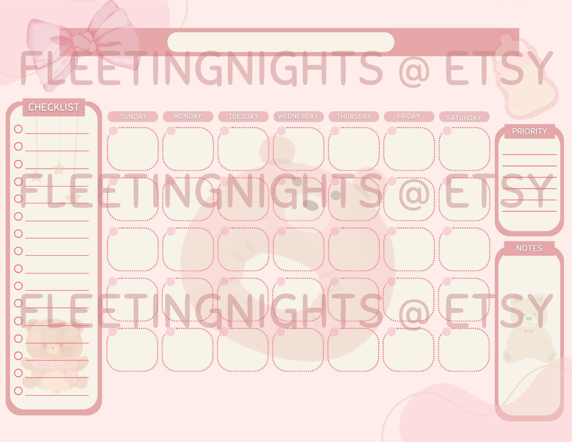 Printable Blank Calendar | Teddy Bear & Coquette Theme | Multiple ...