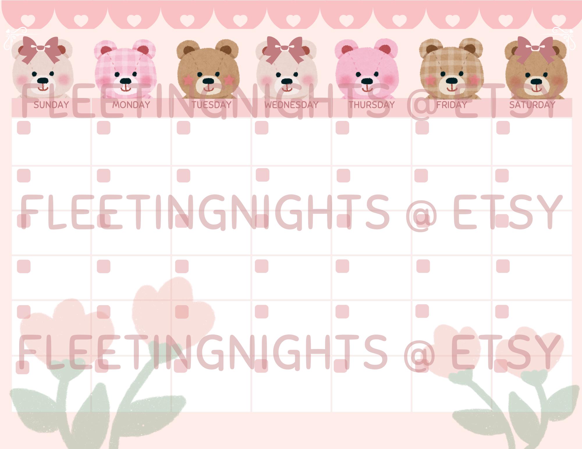 Printable Blank Calendar | Teddy Bear & Coquette Theme | Multiple ...
