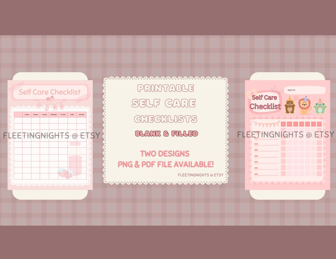 Printable Self Care Checklist Cute Animal & Party Theme 2 Designs PDF ...