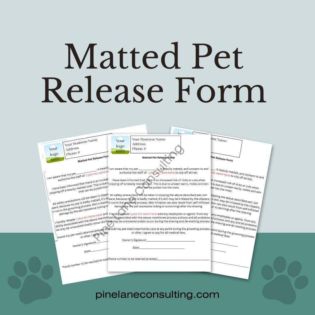 Matted Pet Release Form, Printable, Editable, Grooming Business ...