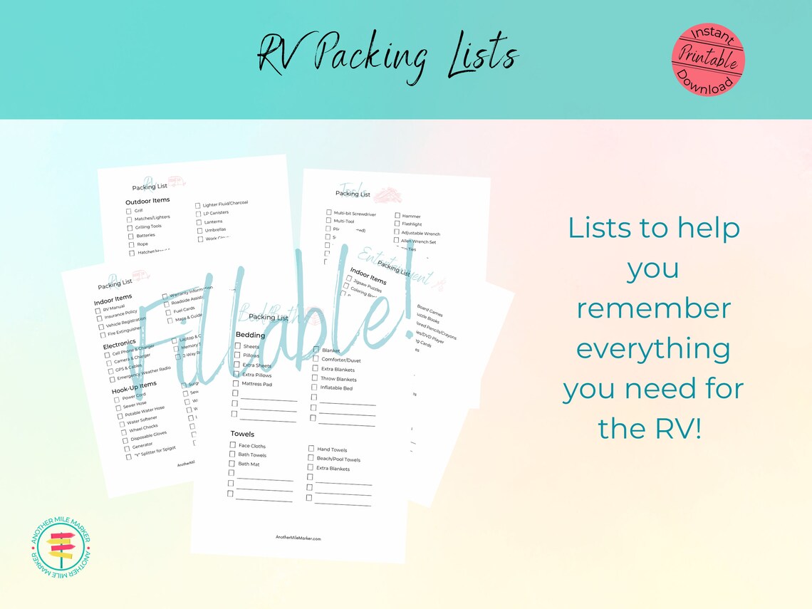 RV Packing Lists, Packing Checklists, Vacation Packing Lists, Printable ...