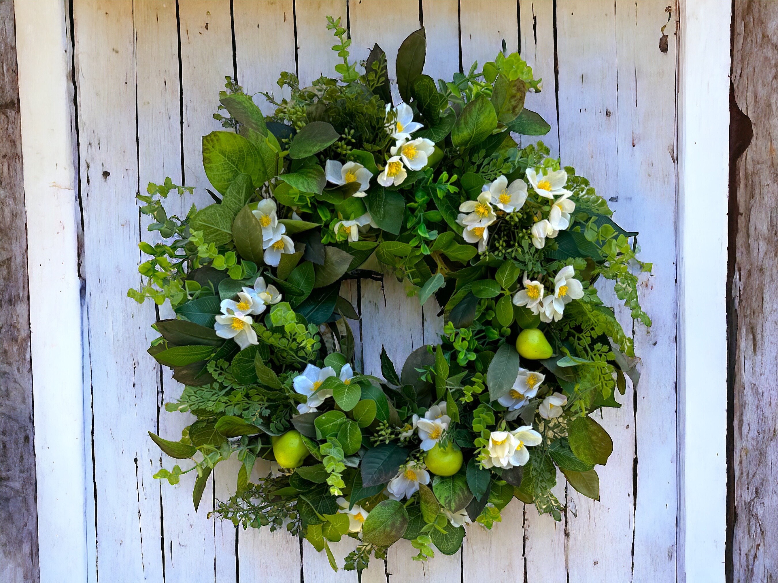 Pear Wreath With Cream Flowers, Farmhouse Kitchen Wreath, Fruit Wreath ...