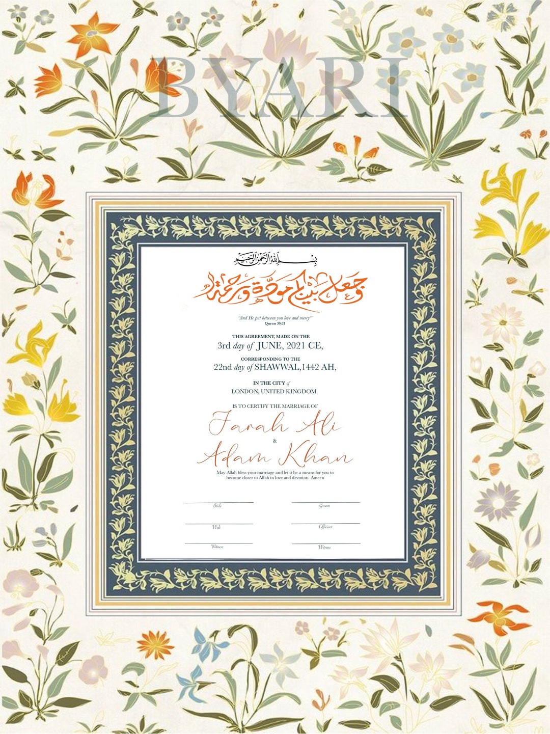Bespoke Nikkah Certificate | Wedding Nikkah Nama | A4 A3 | Islamic ...