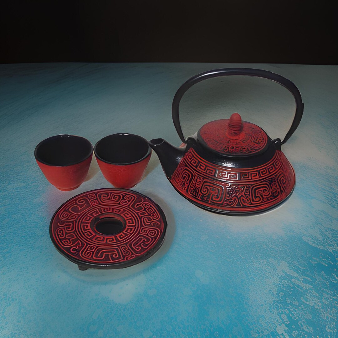 Large Burgundy Cast Iron Tea Set - One Teapot, Two Cups, and One Trivet ...