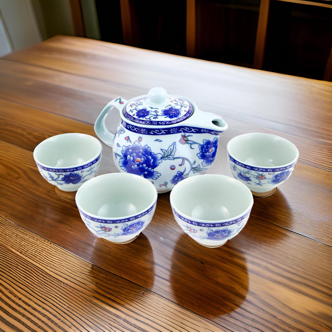 Blue Peony Flowers Porcelain Tea Set - One Teapot and Four Cups ...