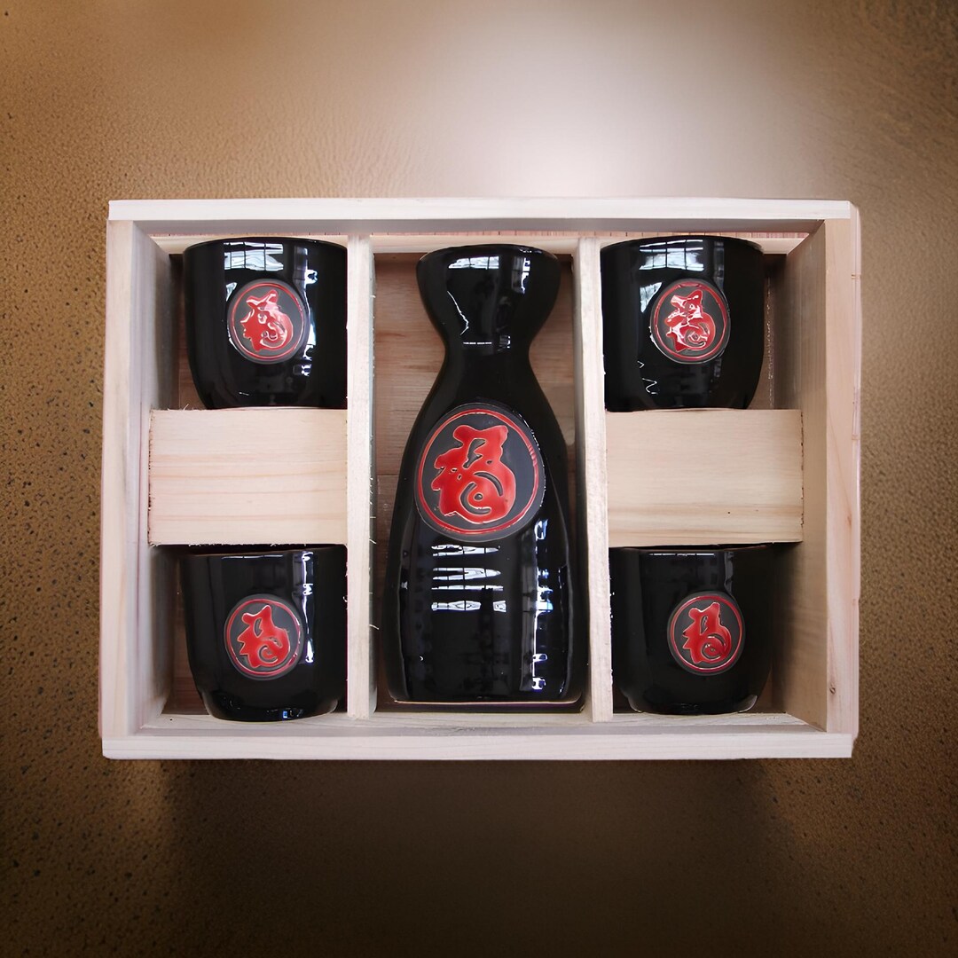 Feeling Lucky Black Sake Set - One Flask and Four Cups - Tokkuri and ...