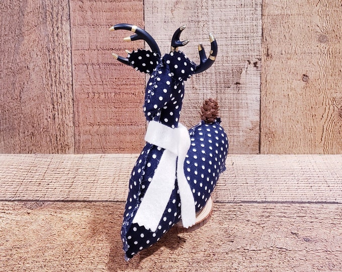 Navy Blue, White Polka Dot Christmas Reindeer, Fabric Reindeer, Holiday ...