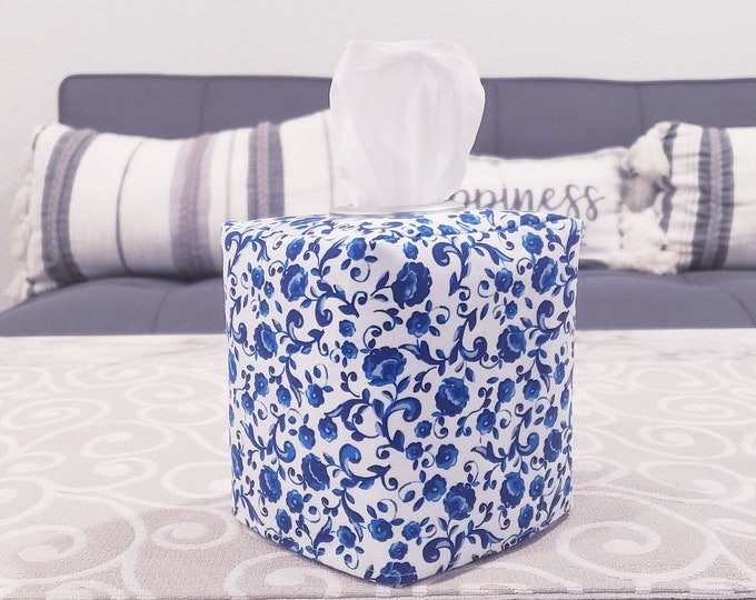 Blue Tissue Box Cover, Floral Printed Tissue Box Cover, Spring Decor ...