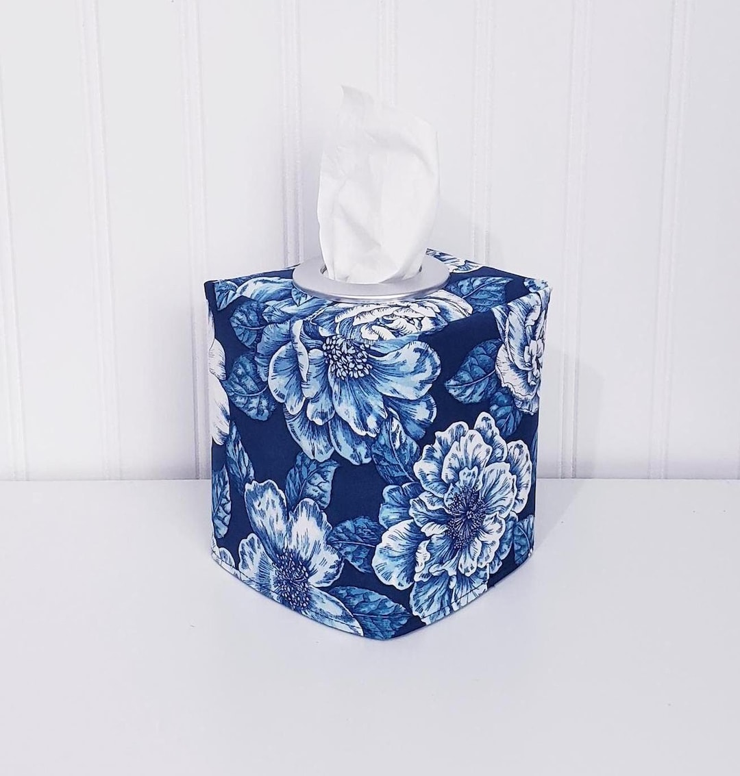 Blue Tissue Box Cover, Floral Printed Tissue Box Cover, Spring Decor ...