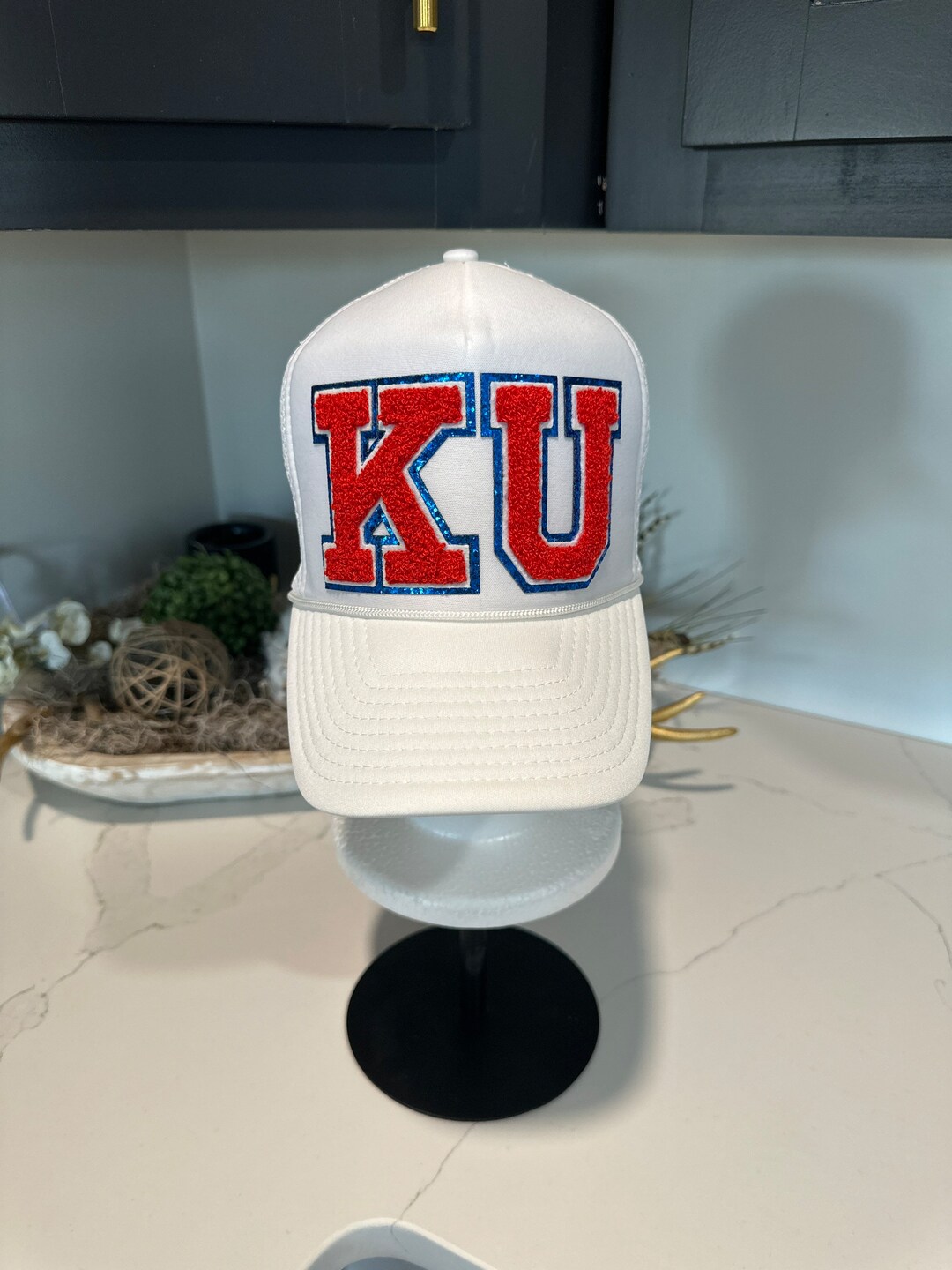 One of a Kind White Trucker Hat With Chenille KU Letters - Etsy