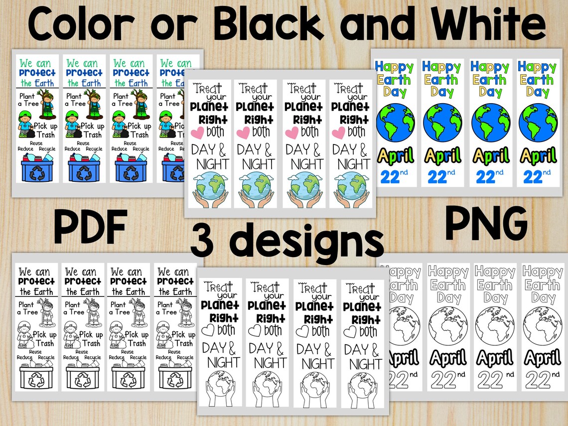 Printable Earth Day Bookmarks - Color and Black and White - Etsy