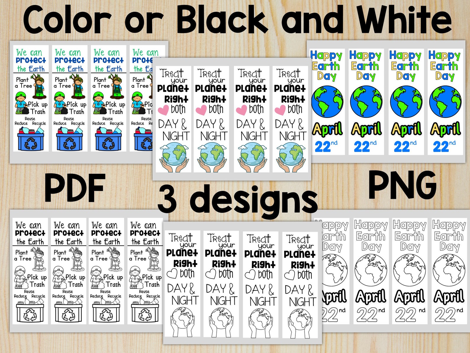 Printable Earth Day Bookmarks - Color and Black and White - Etsy
