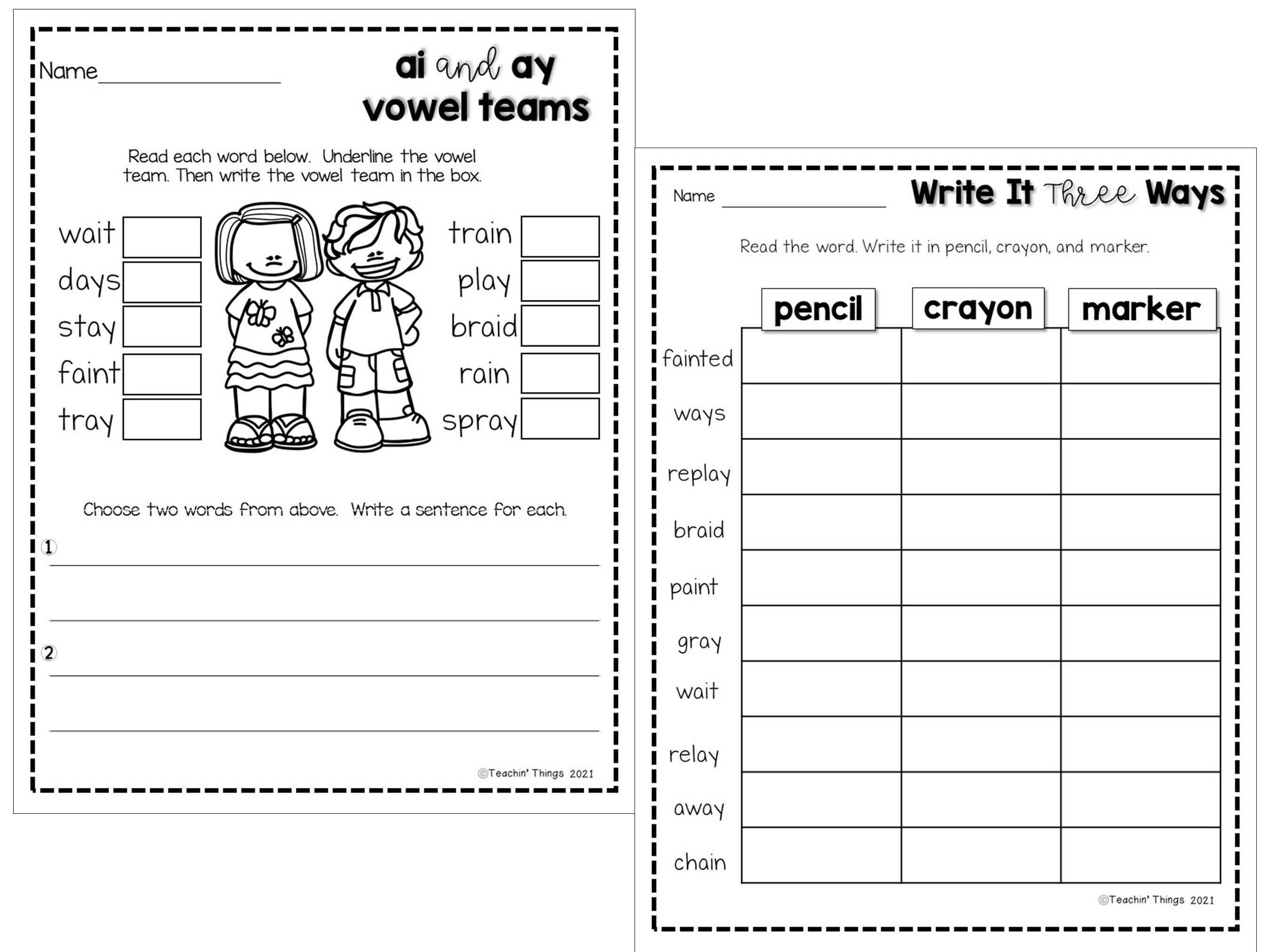 Phonics Foundations Level 2 Unit 10 Word Work Packet -AI and AY Vowel ...