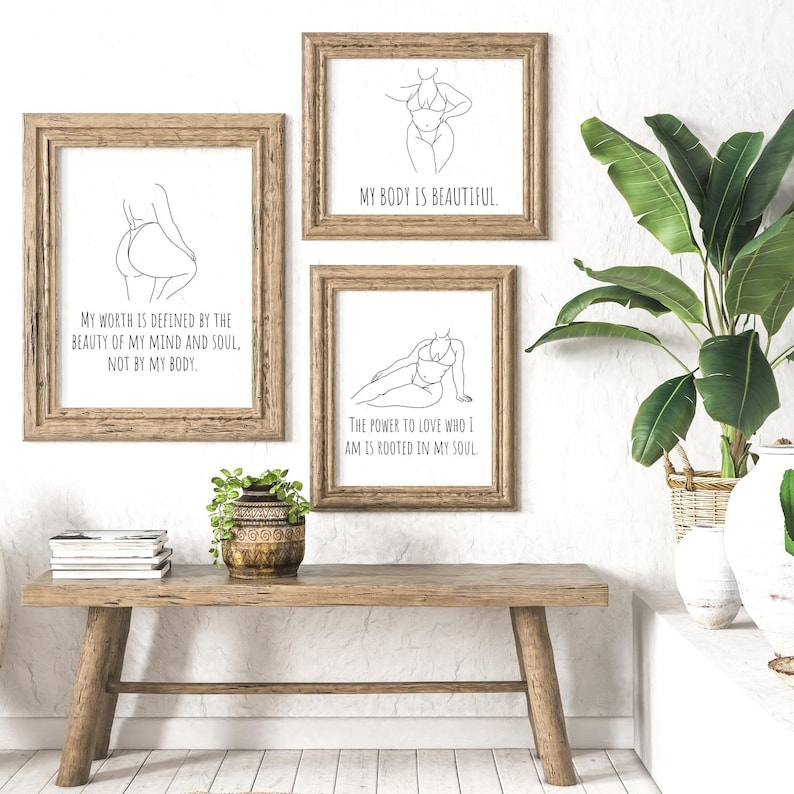Body Positive Affirmations, Set of 3, Female Body Outline Print ...