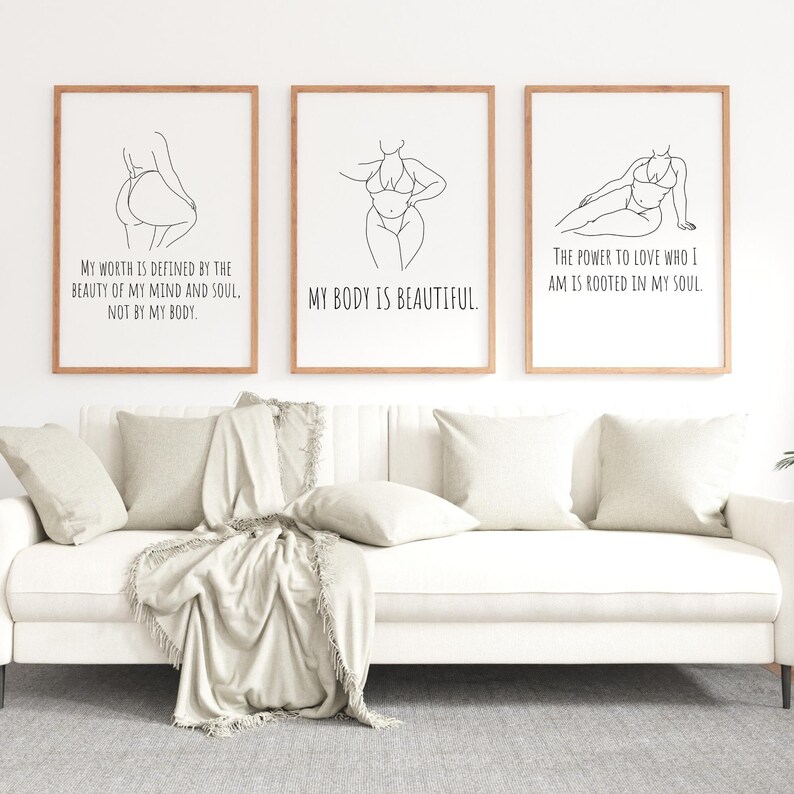 Body Positive Affirmations, Set of 3, Female Body Outline Print ...