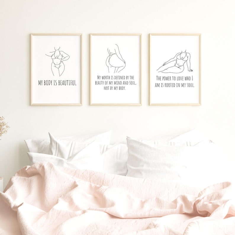 Body Positive Affirmations, Set of 3, Female Body Outline Print ...