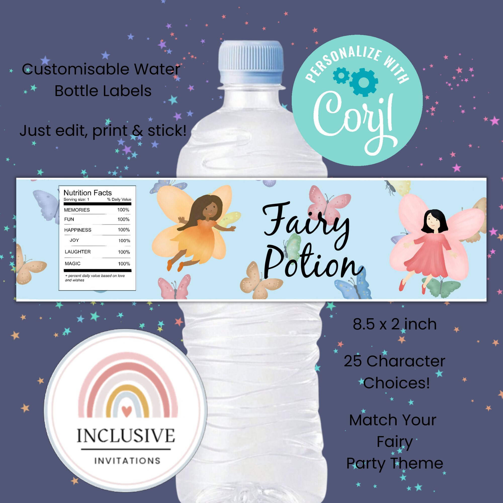 Fairy Party Water Bottle Labels Customisable Editable Printable Digital ...