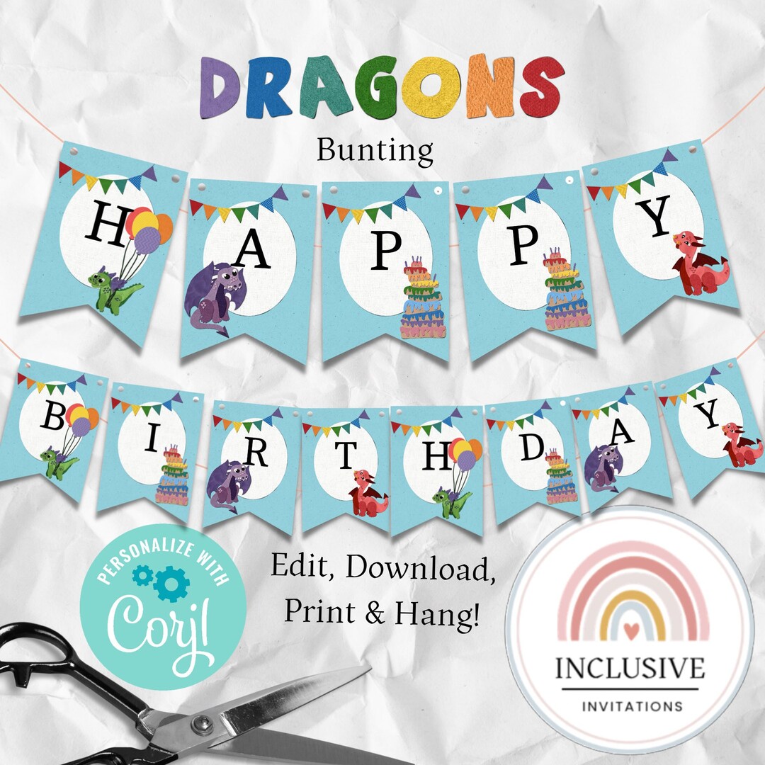 Dragon Bunting Party Decor Printable Editable Custom Happy Birthday ...
