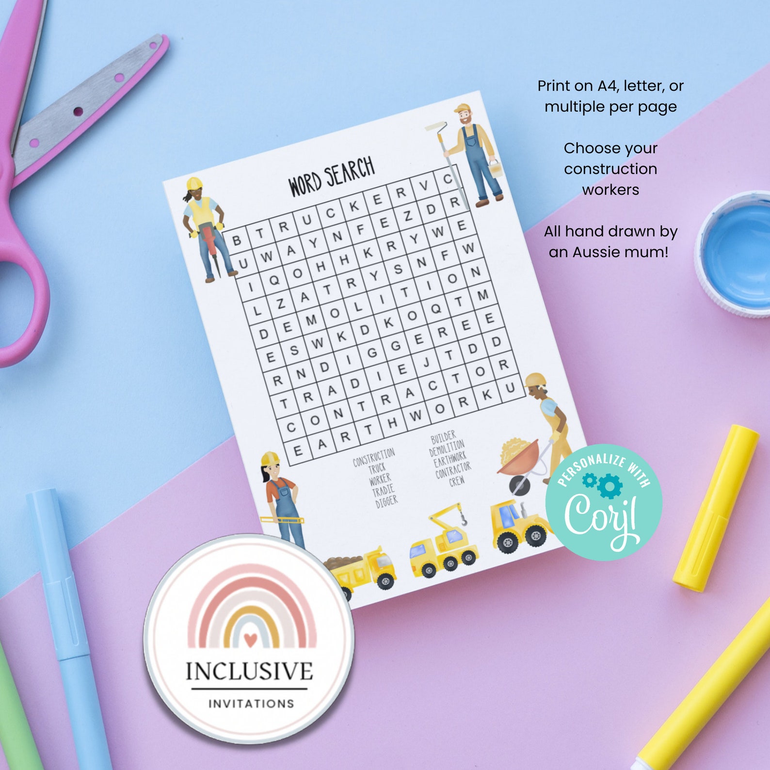 Construction Birthday Party Games: Printable Maze, Word Search (digital ...