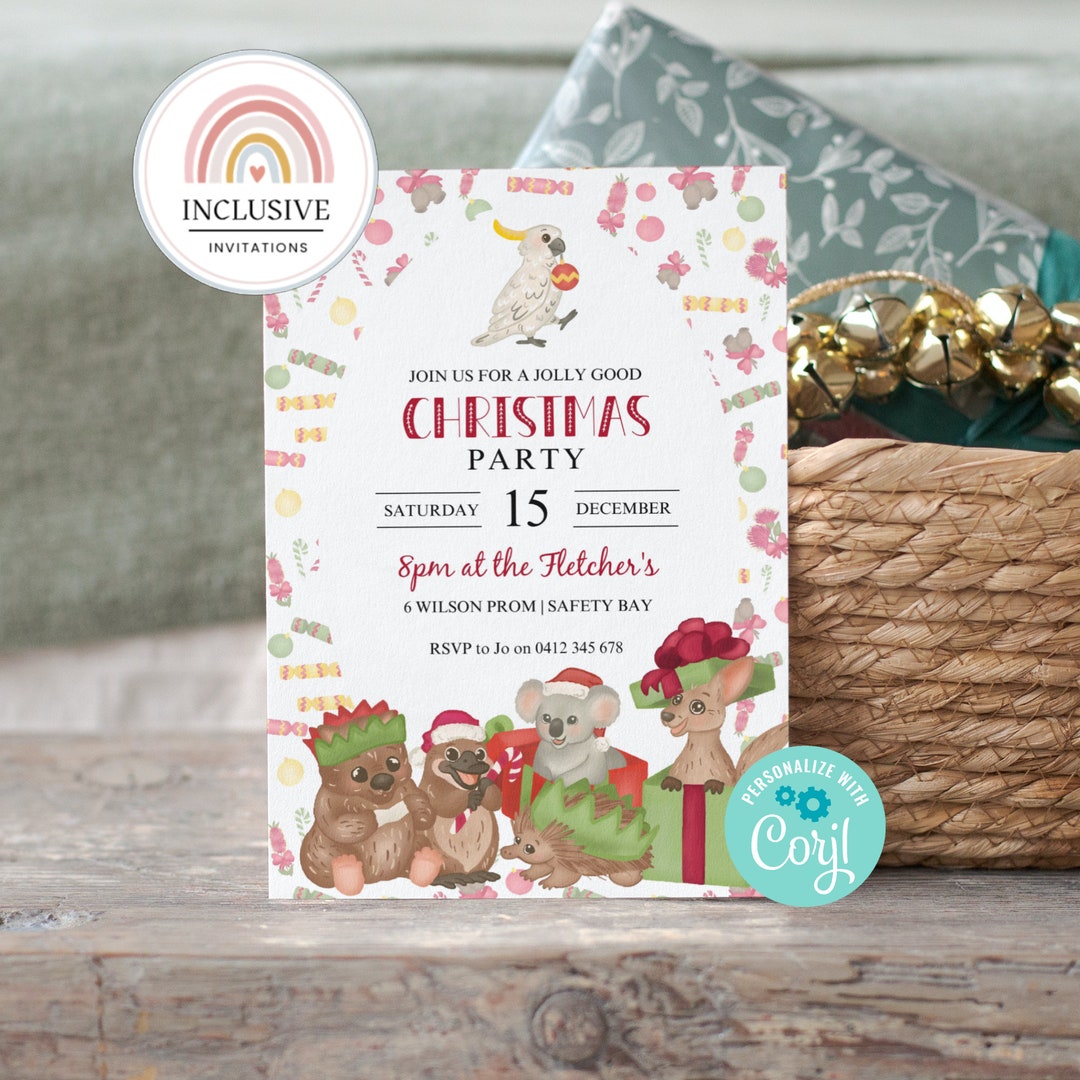 Australian Animal Theme Christmas Party Invitation, Digital Template ...