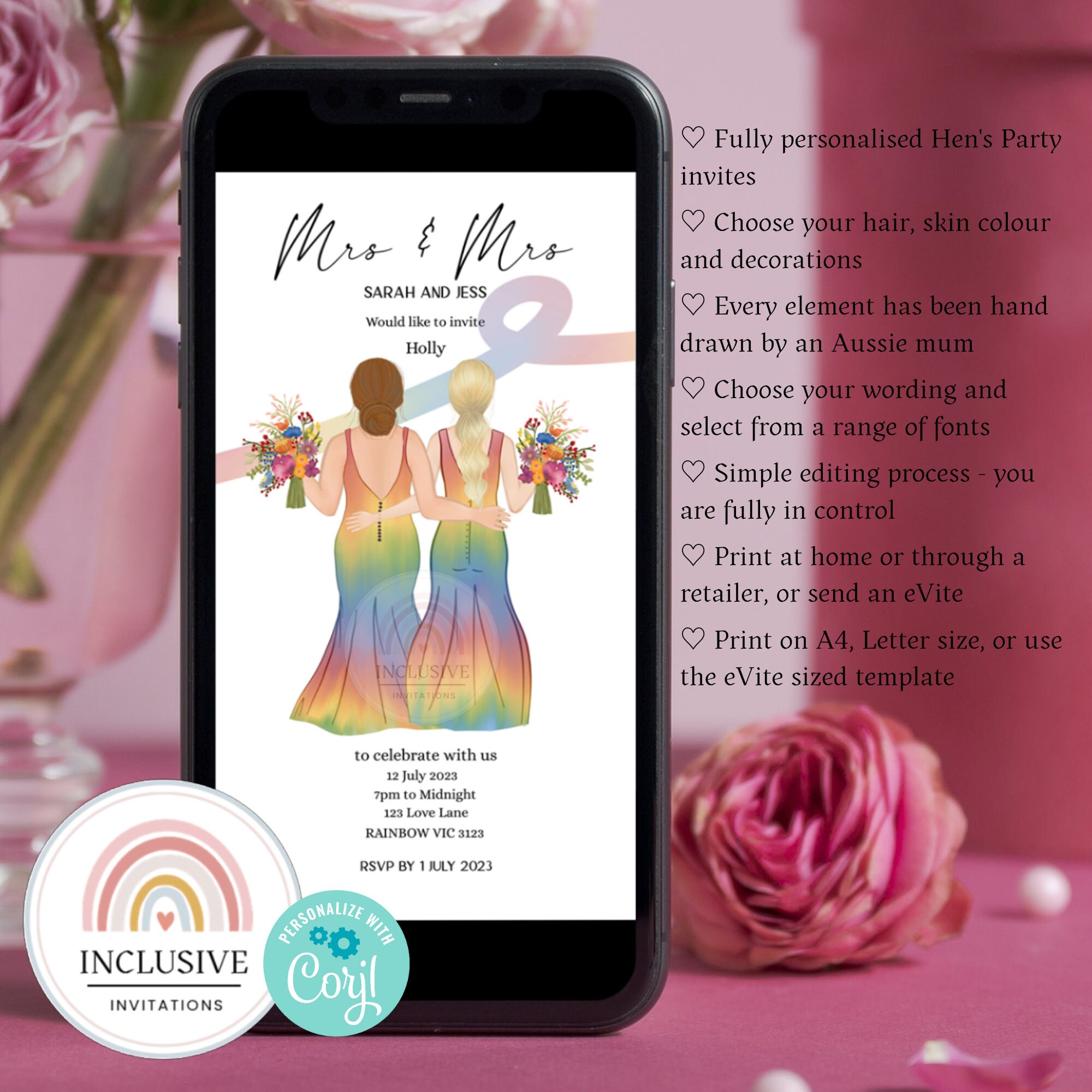 Lesbian Hens Bachelorette Party Invitation: Rainbow Celebration ...