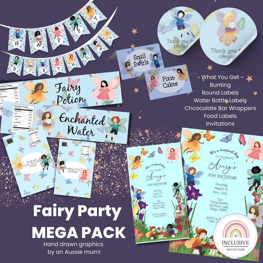 Fairy Theme Party Pack Invitations Bunting Water Bottle Labels Stickers ...
