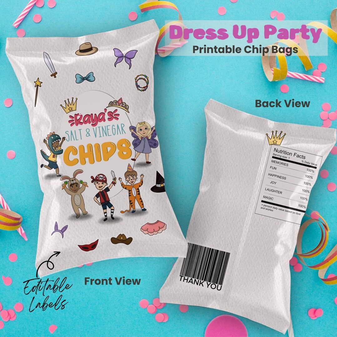 Dress up Party Printable Chip Packets, Costume Birthday Matching Party ...
