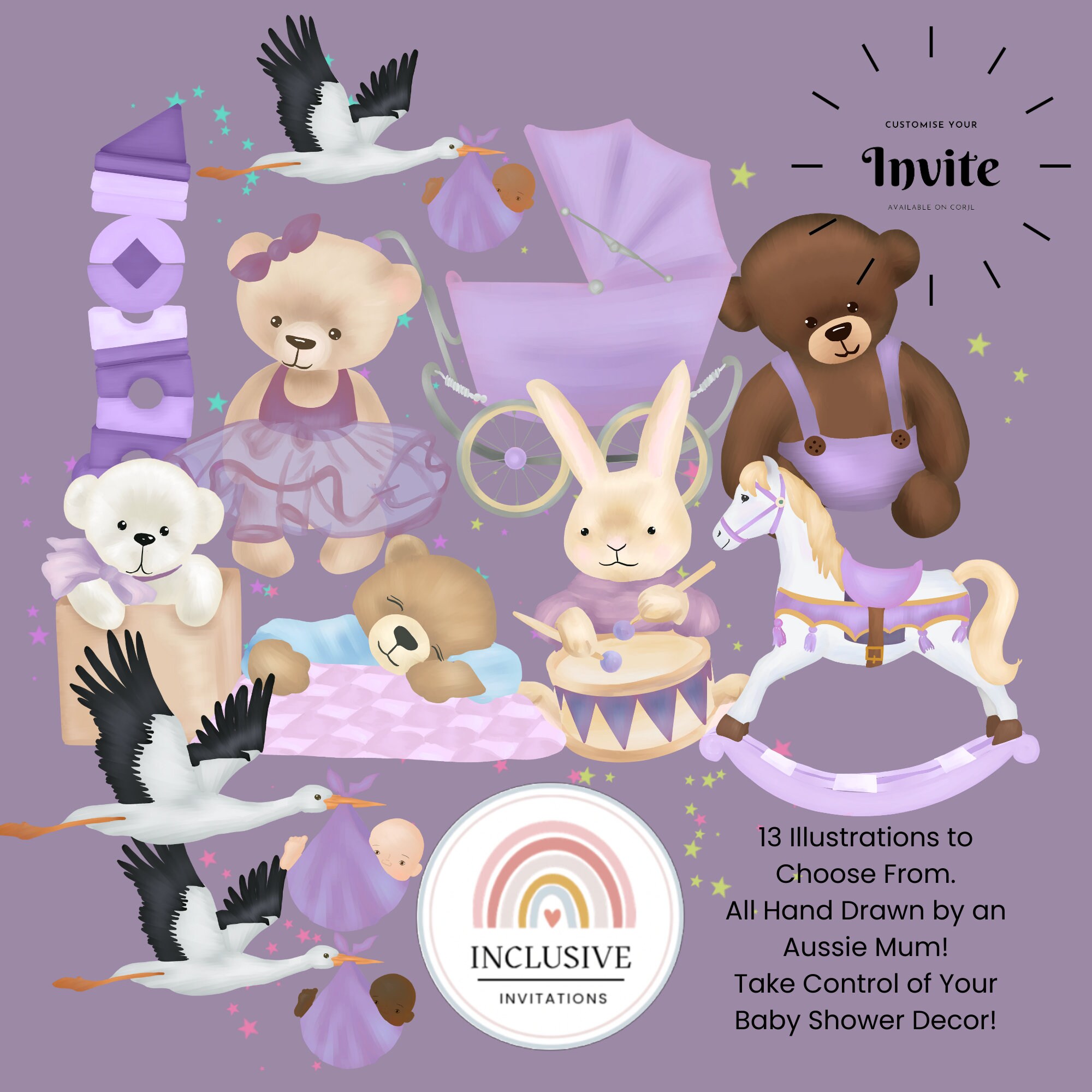 Purple Baby Shower Round Labels Customisable Editable Printable Digital ...