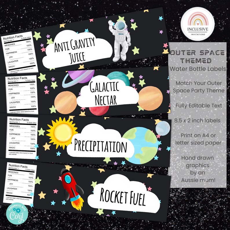 Space Party Water Bottle Labels: Rocket Ship Birthday Decor (printable ...