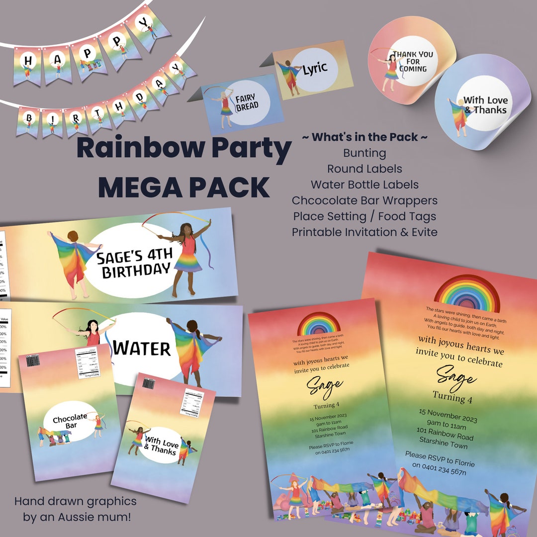 Rainbow Birthday Theme Party Pack Invitations Bunting Water Bottle ...