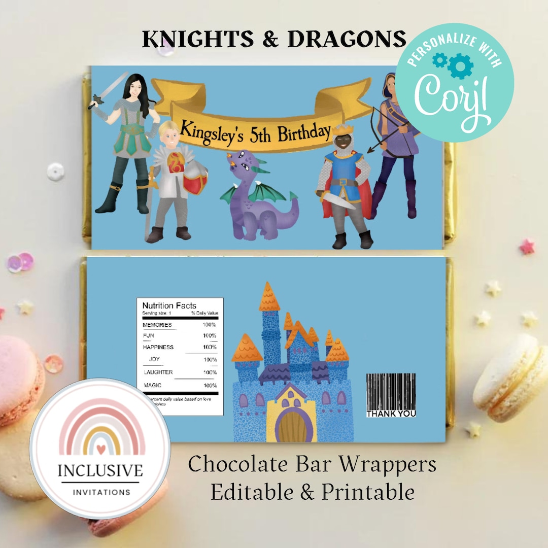 Knights & Dragons Chocolate Bar Wrappers: Medieval Birthday Party ...